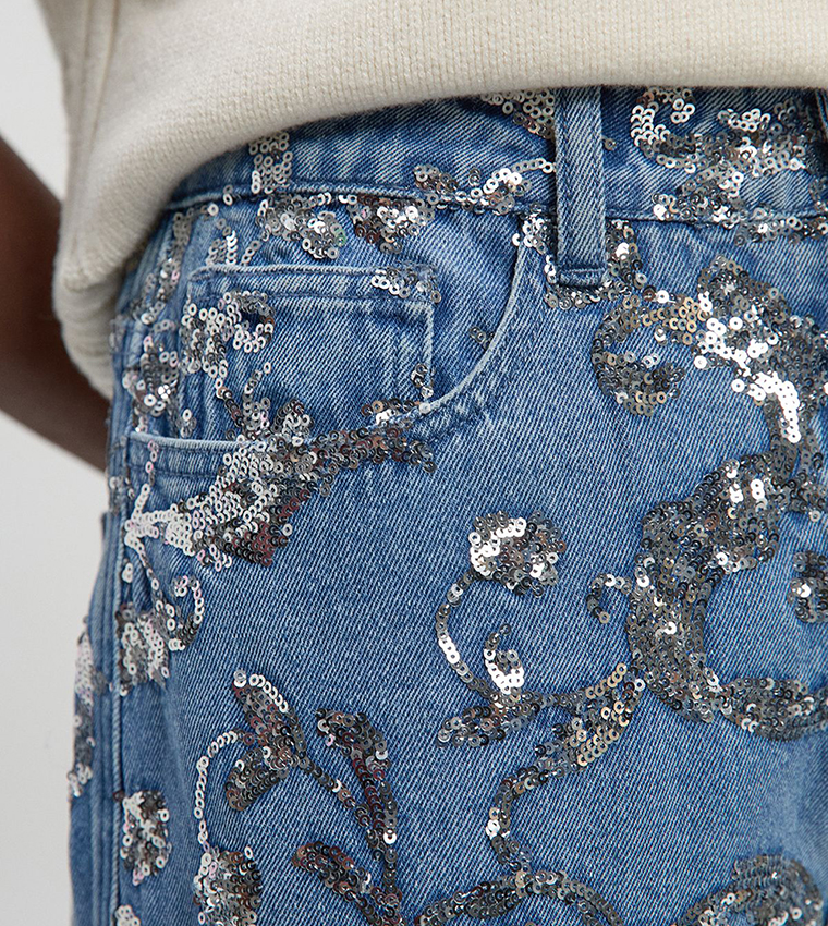 Buy Karen Millen Sequined Wide Leg Jeans In Blue | 6thStreet UAE