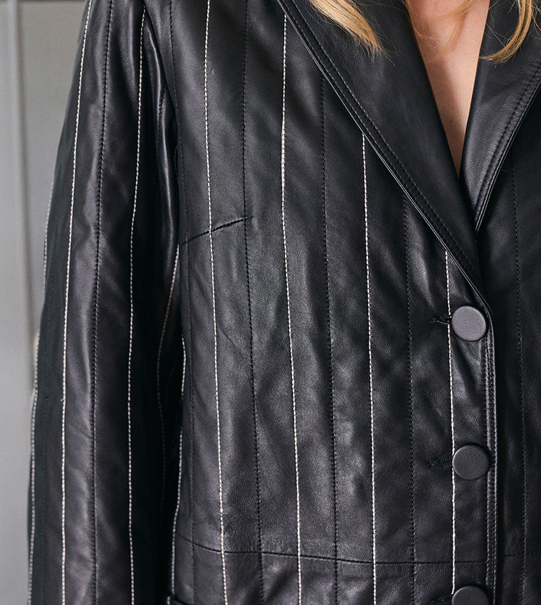 Buy Karen Millen Leather Pinstripe Stitch Coat In Black | 6thStreet UAE