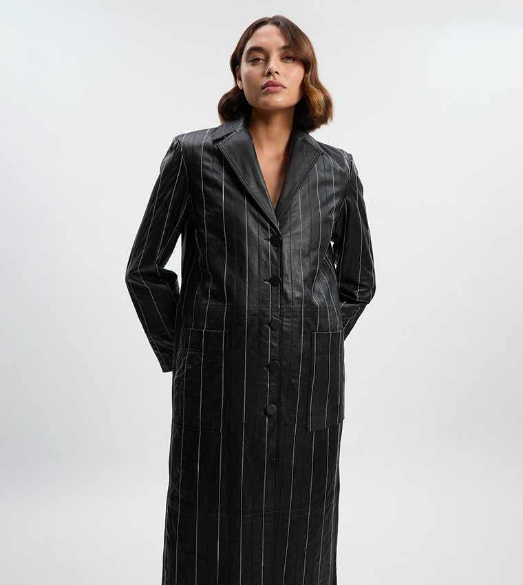 Buy Karen Millen Leather Pinstripe Stitch Coat In Black | 6thStreet UAE