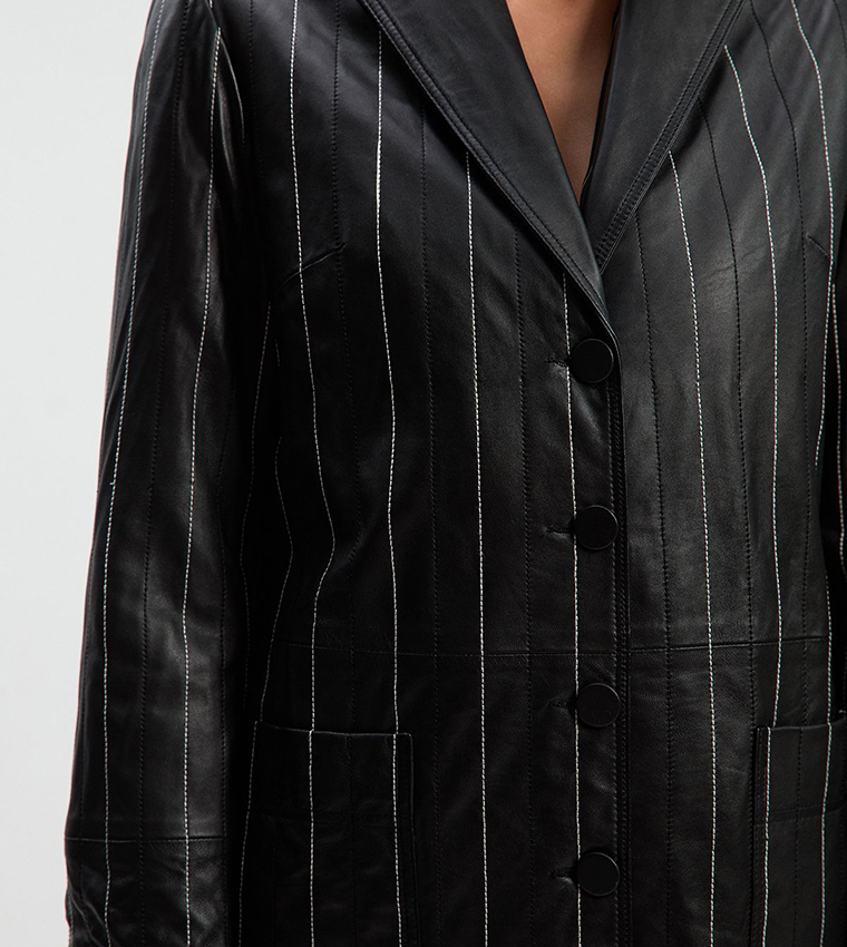 Buy Karen Millen Leather Pinstripe Stitch Coat In Black | 6thStreet UAE
