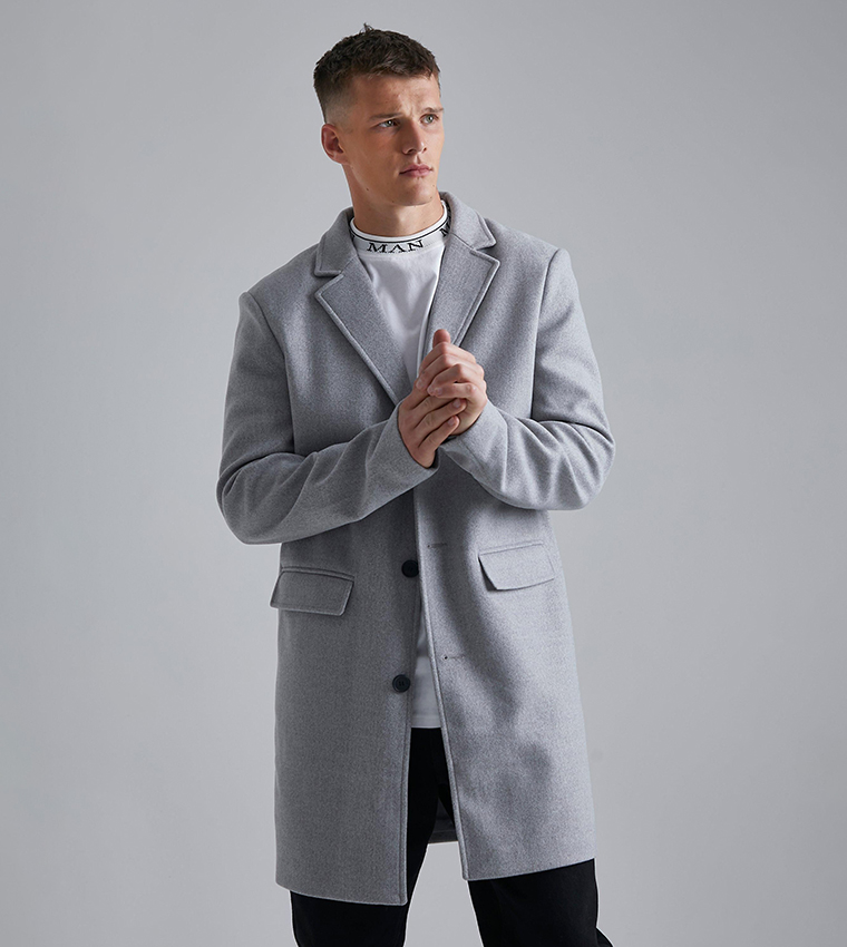 Buy BoohooMAN Tall Single Breasted Wool Look Overcoat In Grey ...