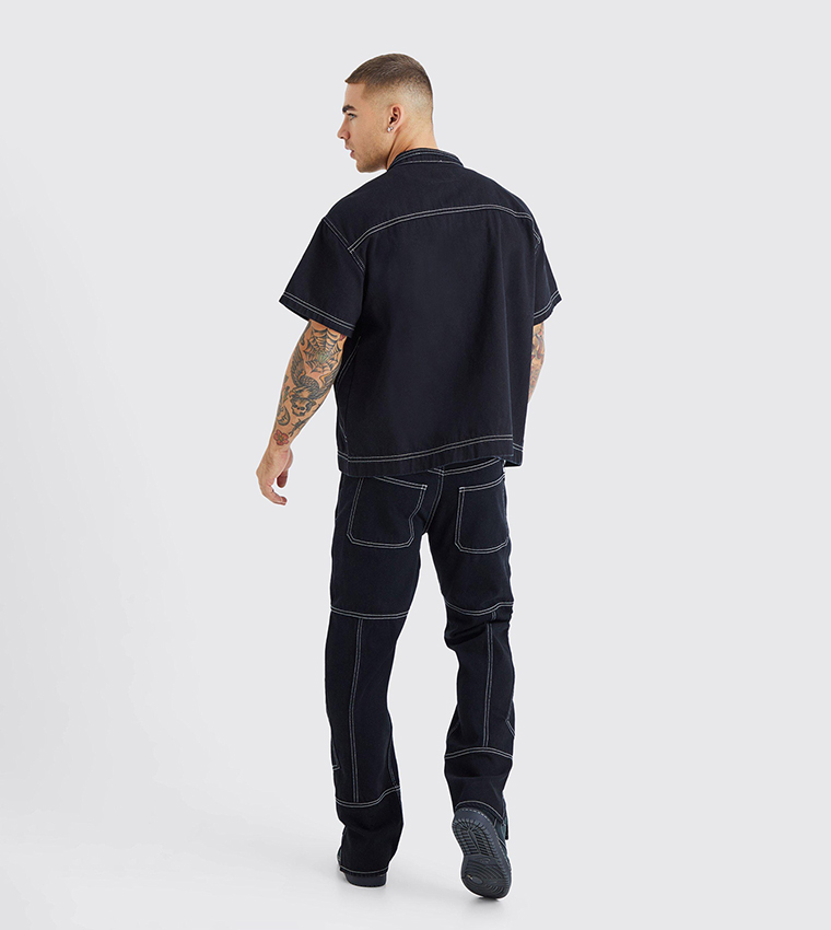 Buy Boohoo Straight Fit Rigid Contrast Stitch Zip Hem Jeans In Black ...