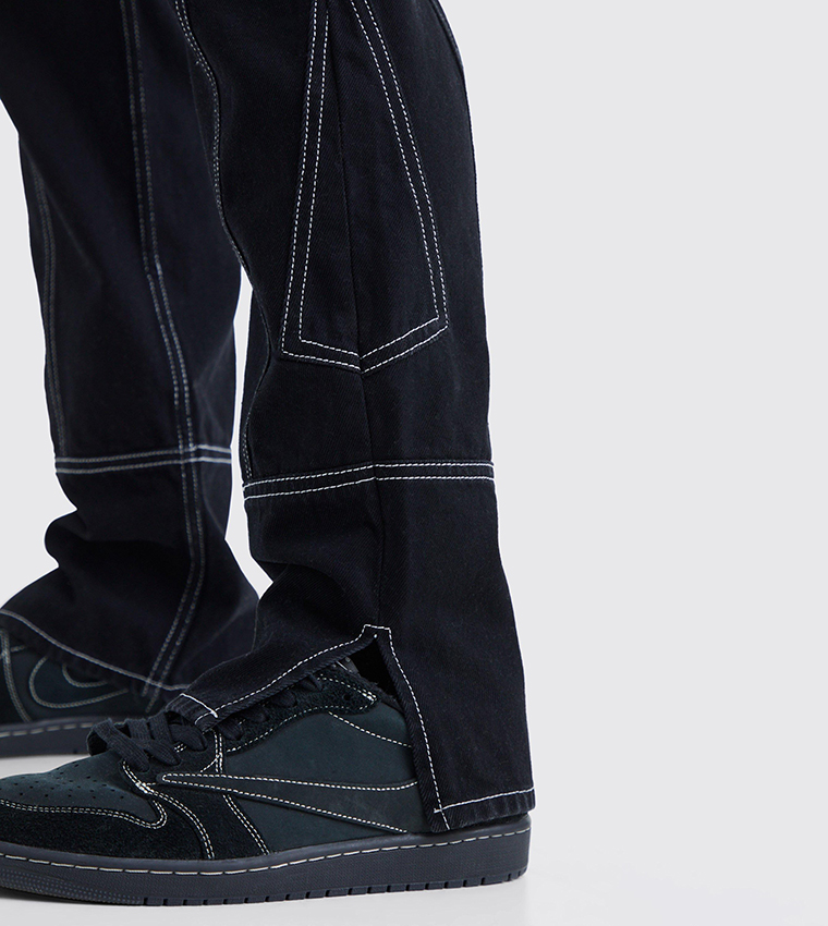 Buy Boohoo Straight Fit Rigid Contrast Stitch Zip Hem Jeans In Black ...