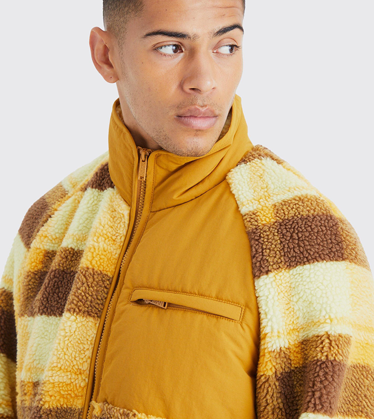 Buy BoohooMAN Checkered Borg Jacket With Nylon Panel In Yellow ...