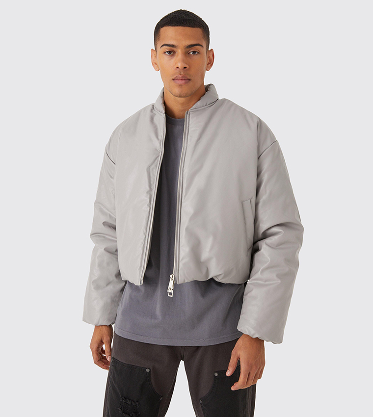 Buy BoohooMAN PU Volume Boxy Puffer Bomber Jacket In LIGHT GREY ...