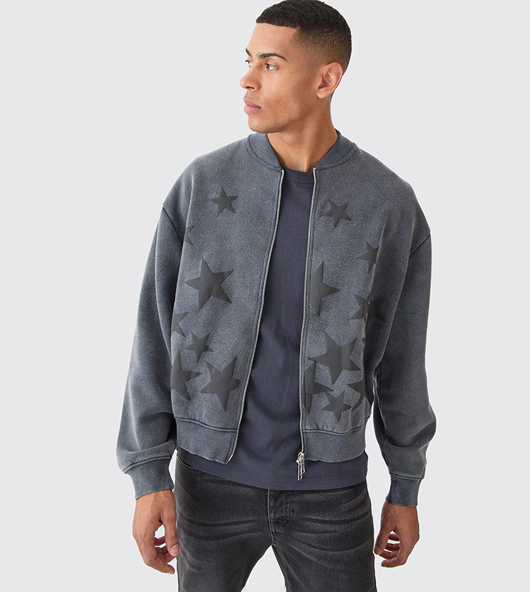 Buy Boohoo Oversized Boxy Acid Wash Star Printed Jersey Bomber Jacket ...