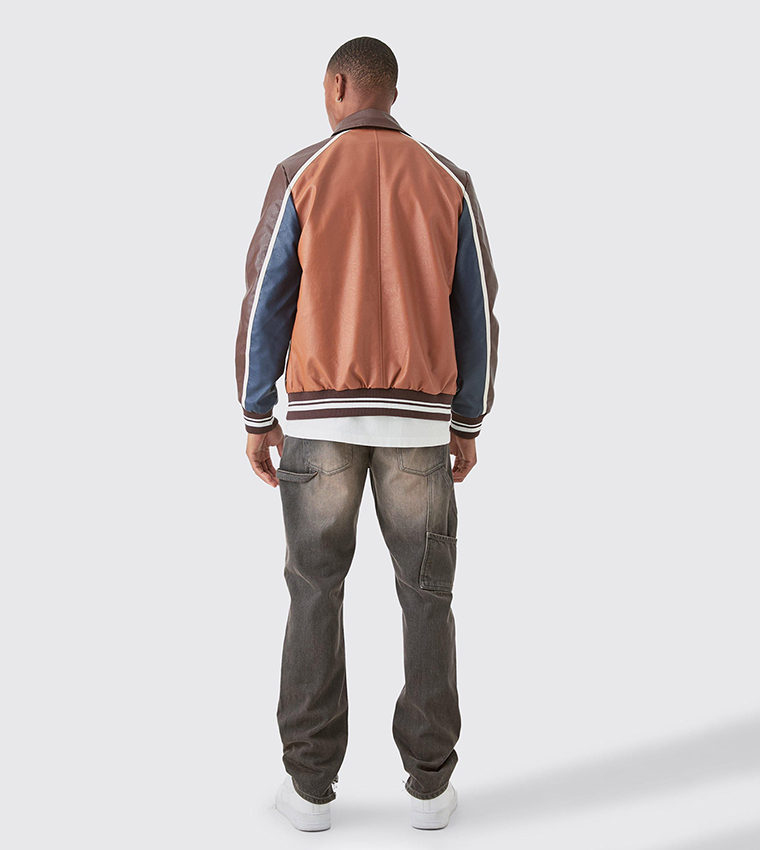 Buy BoohooMAN BM Badge Collared PU Varsity Jacket In Brown | 6thStreet UAE