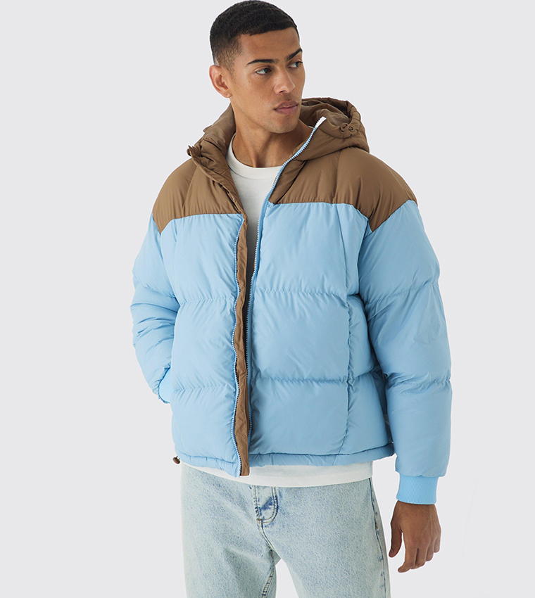 Buy BoohooMAN Boxy Curved Color Block Hooded Puffer Jacket In Light ...