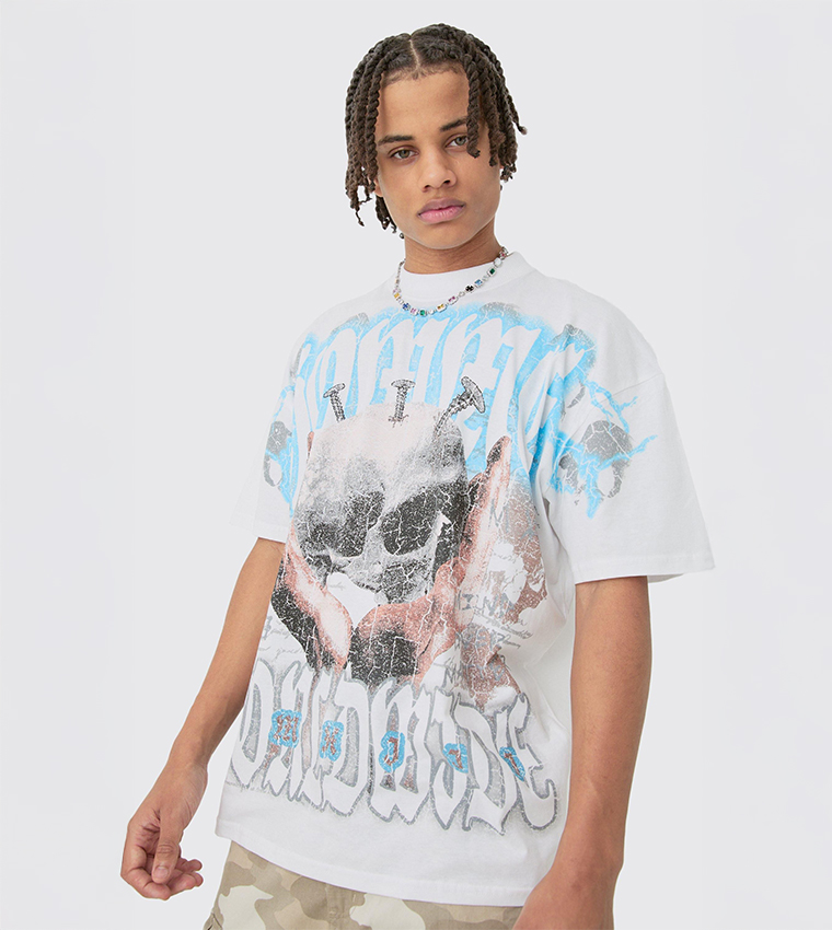 Buy BoohooMAN Skull Over Seams Graphic Print Oversized T Shirt In White ...