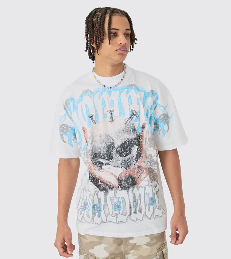 Buy BoohooMAN Skull Over Seams Graphic Print Oversized T Shirt In White ...