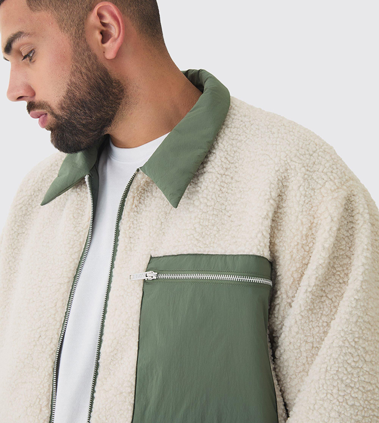Buy BoohooMAN Plus & Tall Boxy Borg And Nylon Collared Bomber Jacket In ...