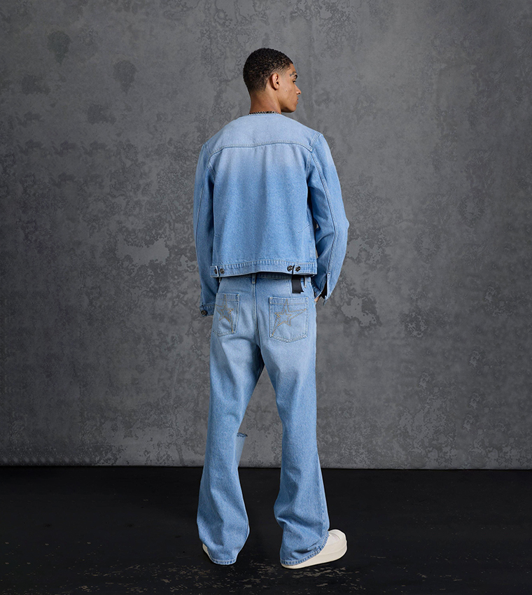 Buy BoohooMAN P Star Regular Fit Boxy Collarless Denim Jacket In Light ...
