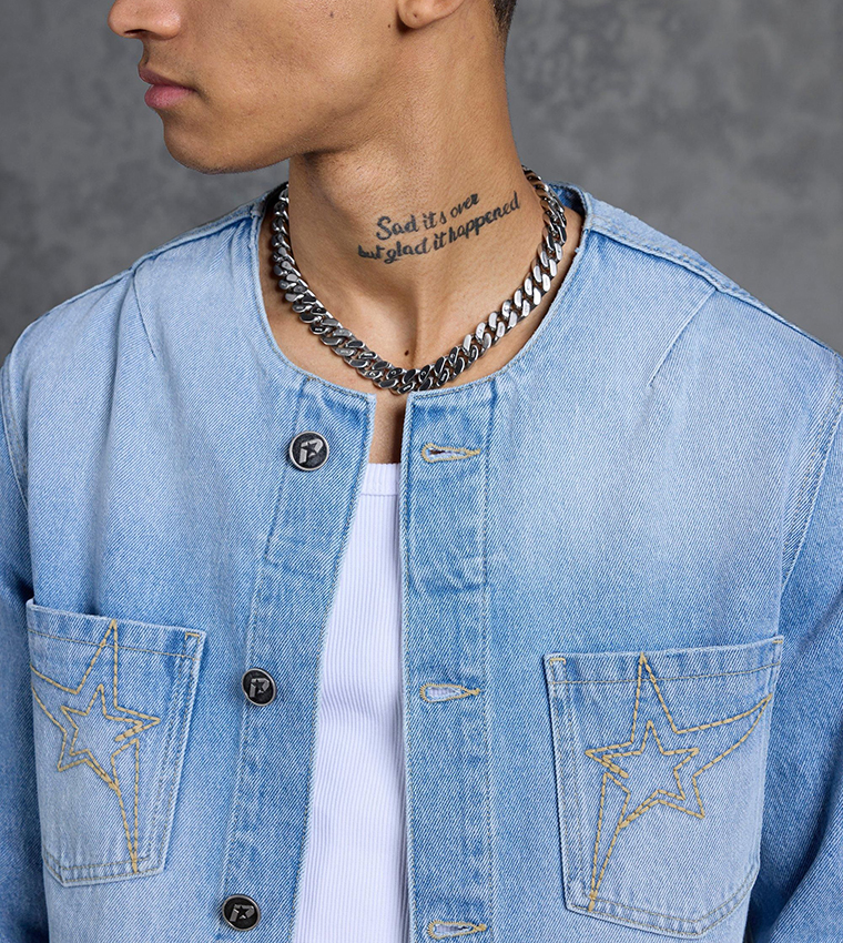 Buy BoohooMAN P Star Regular Fit Boxy Collarless Denim Jacket In Light ...