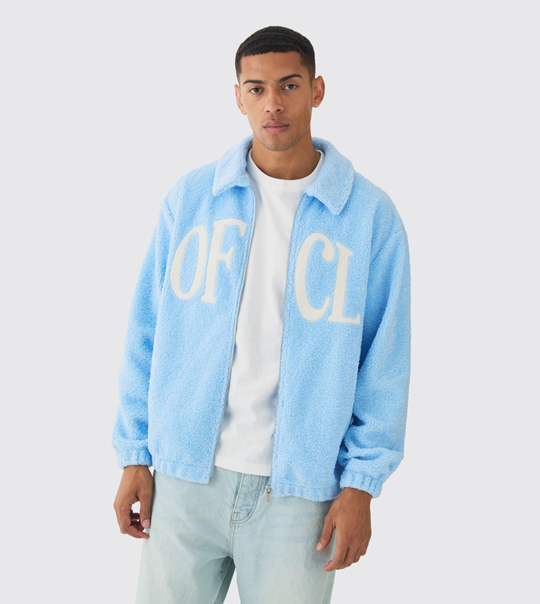 Buy BoohooMAN Ofcl Boxy Boucle Borg Oversized Harrington Jacket In ...