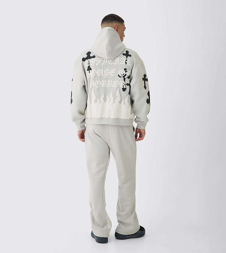 Buy BoohooMAN Skeleton Puff Print Cross Oversized Tracksuit Set In Grey ...