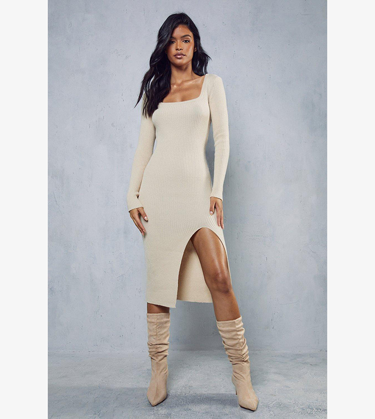 Buy MissPap Knitted Split Leg Midi Dress In Beige | 6thStreet UAE