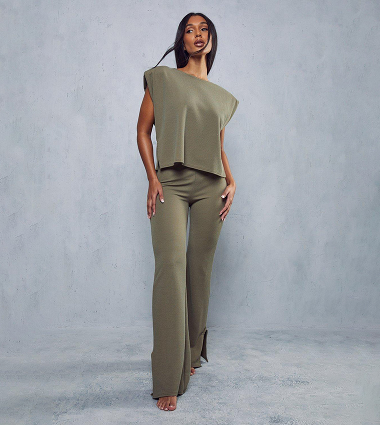 Buy MissPap Ribbed Boxy Side Split Lounge Set In Khaki | 6thStreet Bahrain