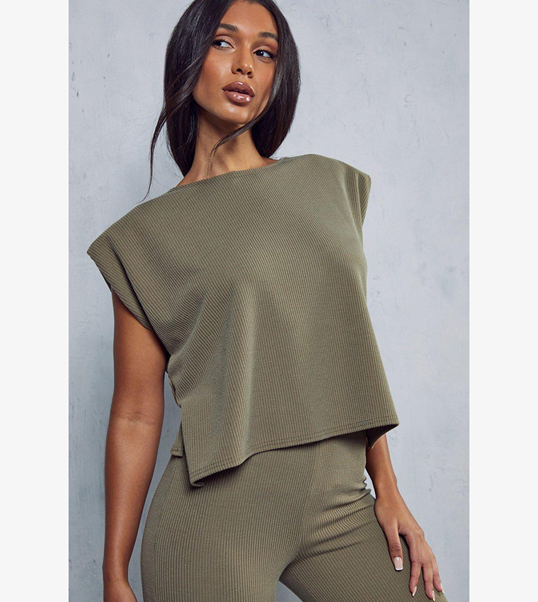 Buy MissPap Ribbed Boxy Side Split Lounge Set In Khaki | 6thStreet Bahrain