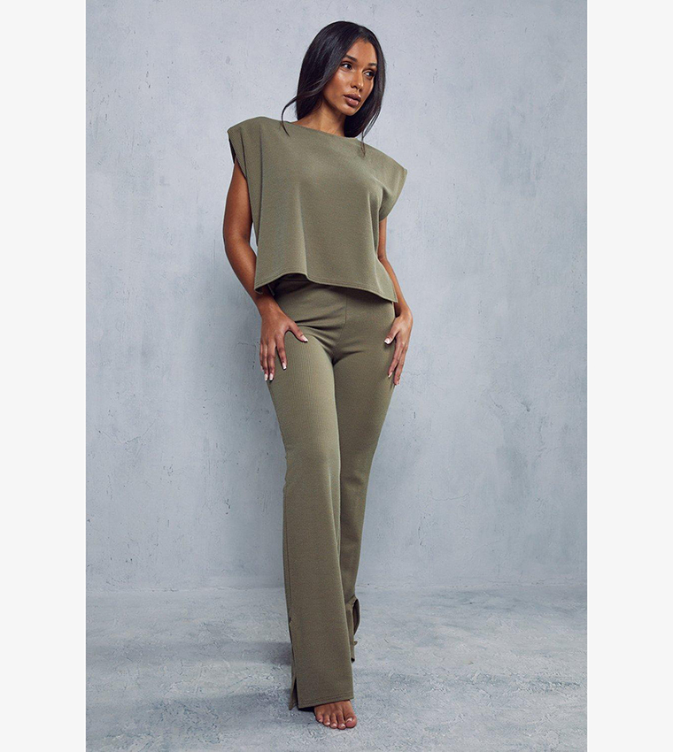 Buy MissPap Ribbed Boxy Side Split Lounge Set In Khaki | 6thStreet Bahrain