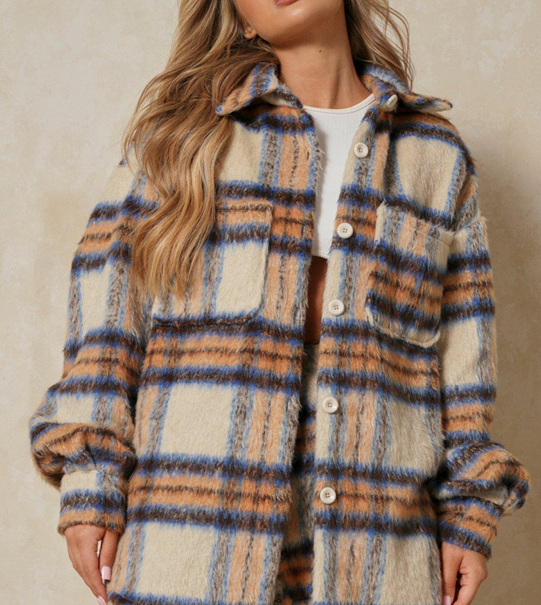 Buy MissPap Premium Brushed Check Shacket In Cream | 6thStreet Bahrain