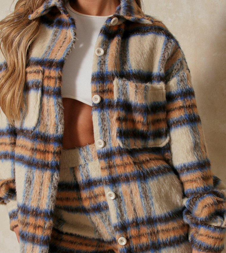 Buy MissPap Premium Brushed Check Shacket In Cream | 6thStreet Bahrain