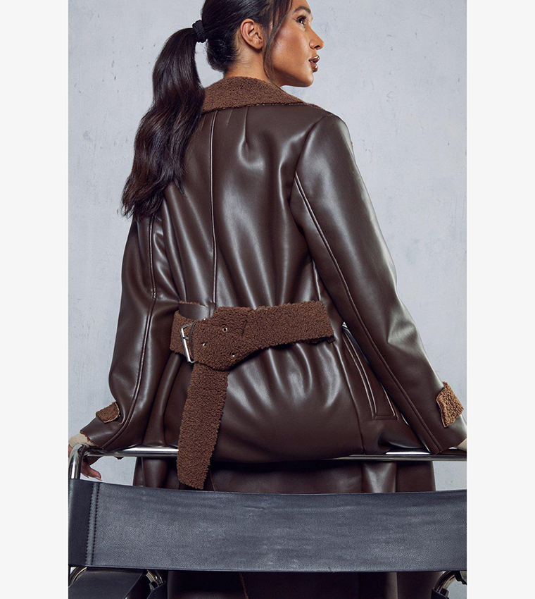 Buy MissPap Leather Look Belted Teddy Lined Coat In Brown | 6thStreet ...