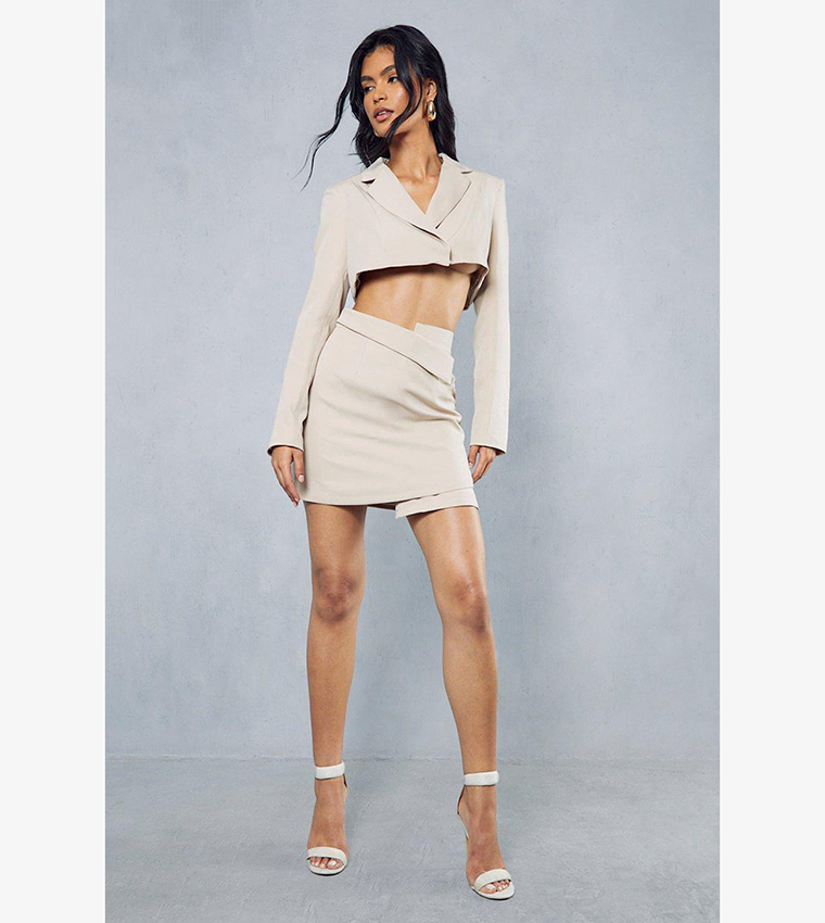 Buy MissPap Wrap Detail Fold Over Mini Skirt In Beige | 6thStreet Oman