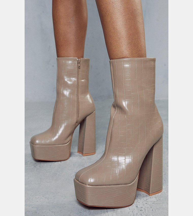 Buy MissPap Extreme Platform Croc Ankle Boots In Beige | 6thStreet Kuwait