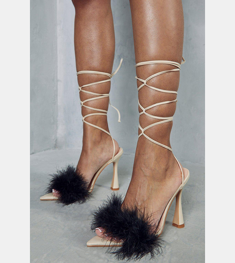 Buy MissPap Contrast Lace Up Feather Heel Sandals In White | 6thStreet ...