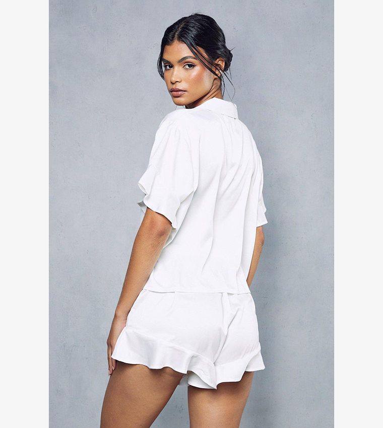 Buy MissPap Recycled Satin Ruffle Pajama Set In White | 6thStreet Qatar