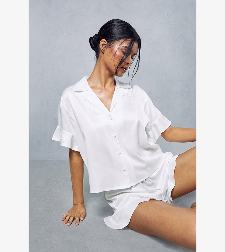 Buy MissPap Recycled Satin Ruffle Pajama Set In White | 6thStreet Qatar