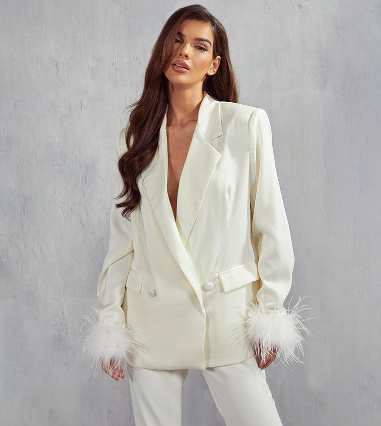 Buy MissPap Milan Premium Satin Feather Trim Blazer In White ...