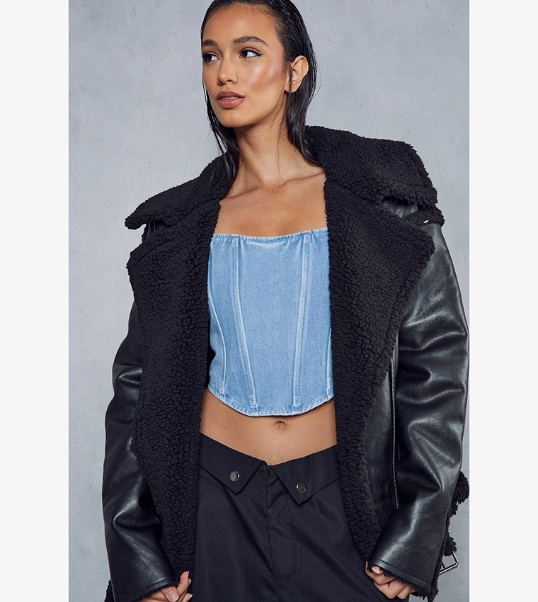 Buy MissPap Teddy Lined Belted Aviator Jacket In Black | 6thStreet UAE