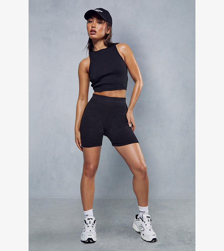 Buy MissPap Premium Ribbed Racer Crop Top In Black | 6thStreet Bahrain
