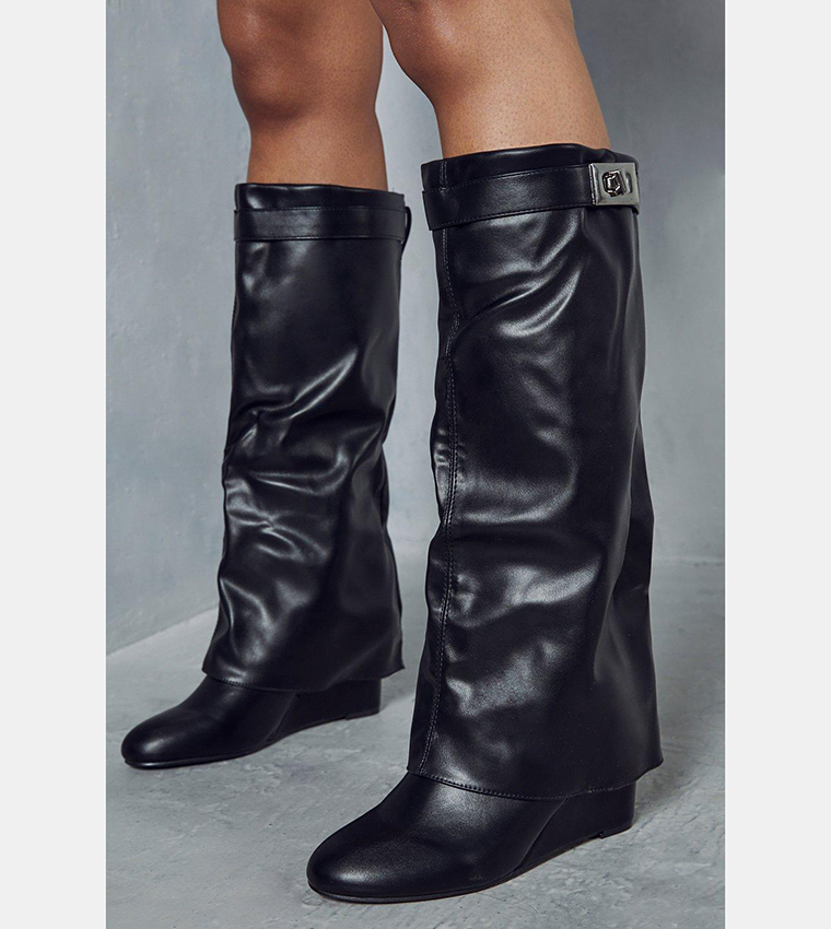Buy MissPap Folded Lock Detail Knee High Boots In Black | 6thStreet Qatar