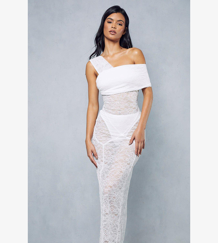 Buy MissPap Lace Sheer Ruched Off Shoulder Pant Insert Maxi Dress In ...