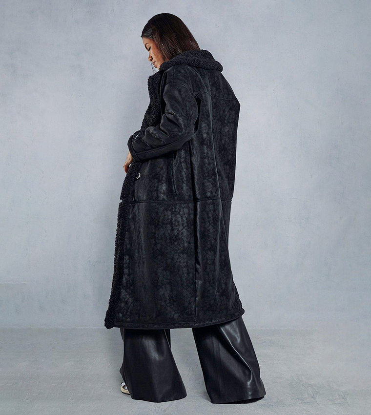 Buy MissPap Textured Faux Suede Borg Lined Longline Coat In Black ...