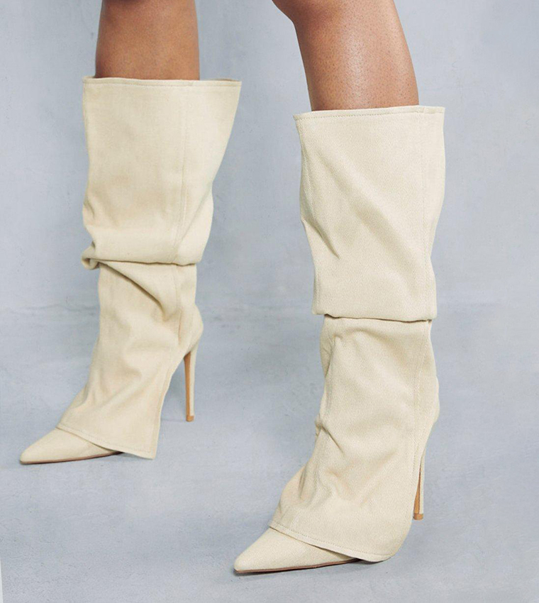 Buy MissPap Denim Overlay Knee High Boots In Cream | 6thStreet UAE