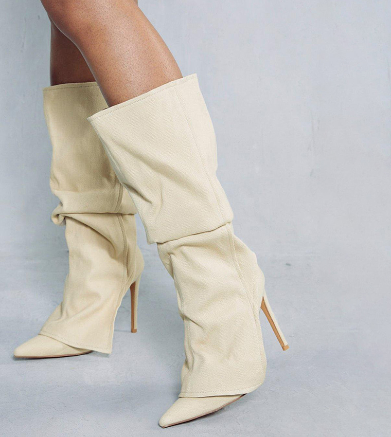 Buy MissPap Denim Overlay Knee High Boots In Cream | 6thStreet UAE