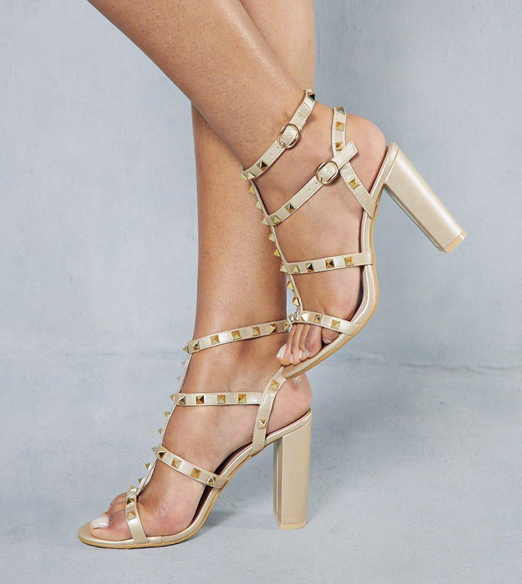 Buy MissPap Metallic Block Heel Studded Strappy Heeled Sandals In Gold ...