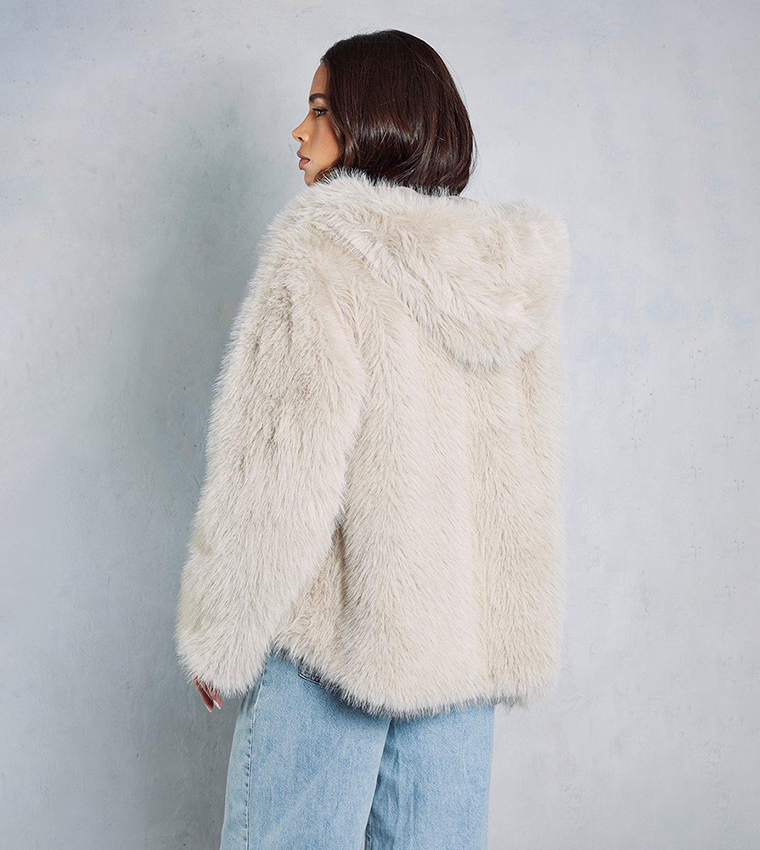 Buy MissPap Premium Oversized Hooded Faux Fur Coat In Beige | 6thStreet ...
