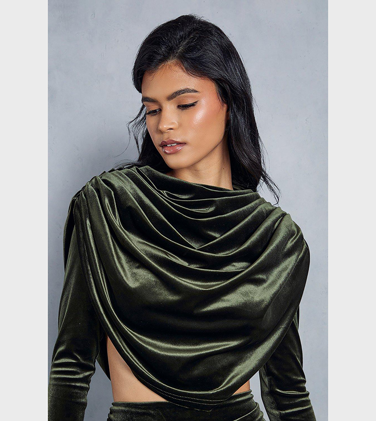 Buy MissPap Velvet Draped Mini Skirt Co Ord Set In Olive | 6thStreet ...