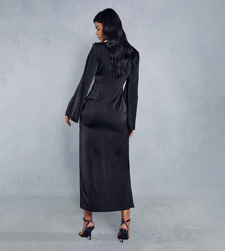 Buy MissPap Satin Twist Cut Out Detail Split Leg Maxi Dress In Black | 6thStreet Oman