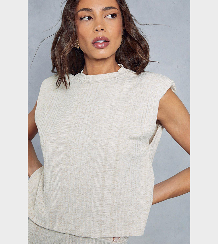 Buy MissPap Ribbed Marl Boxy Shoulder Pad Co Ord Set In STONE ...