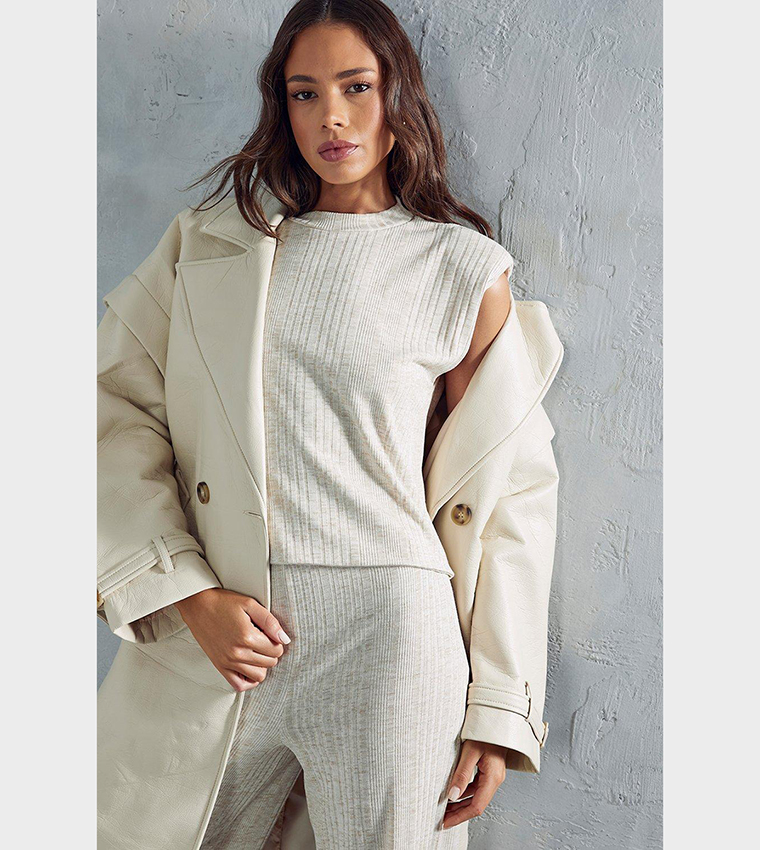 Buy MissPap Ribbed Marl Boxy Shoulder Pad Co Ord Set In STONE ...