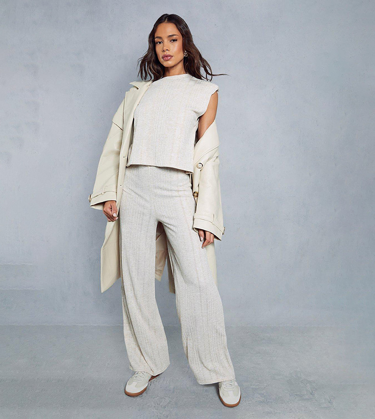Buy MissPap Ribbed Marl Boxy Shoulder Pad Co Ord Set In STONE ...