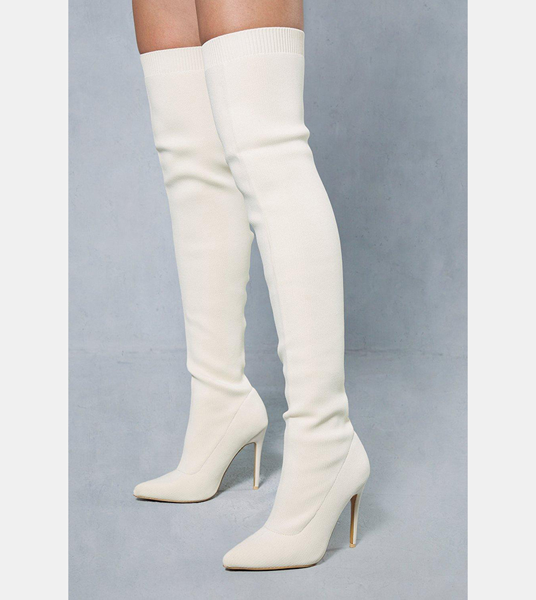 Buy MissPap Over The Knee High Knit Pointed Toe Heeled Boots In Beige ...