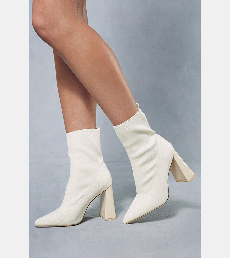 Buy MissPap Pointed Toe Knit Block Heel Ankle Boots In Beige ...