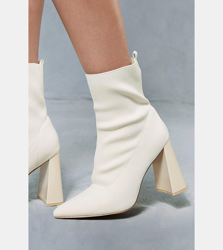 Buy MissPap Pointed Toe Knit Block Heel Ankle Boots In Beige ...