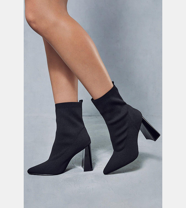 Buy MissPap Pointed Toe Knit Block Heel Ankle Boots In Black ...